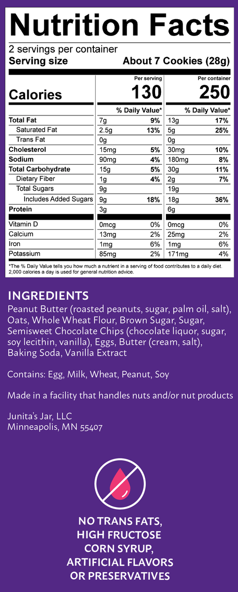 Junita's Jar Oatmeal Peanut Butter Chocolate Chip Cookies - 2oz snack ...