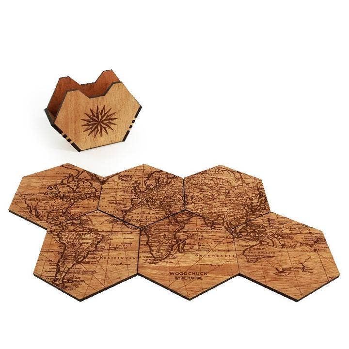 Mahogany World Map Coasters Puzzle Coaster Set – MN Alumni Market